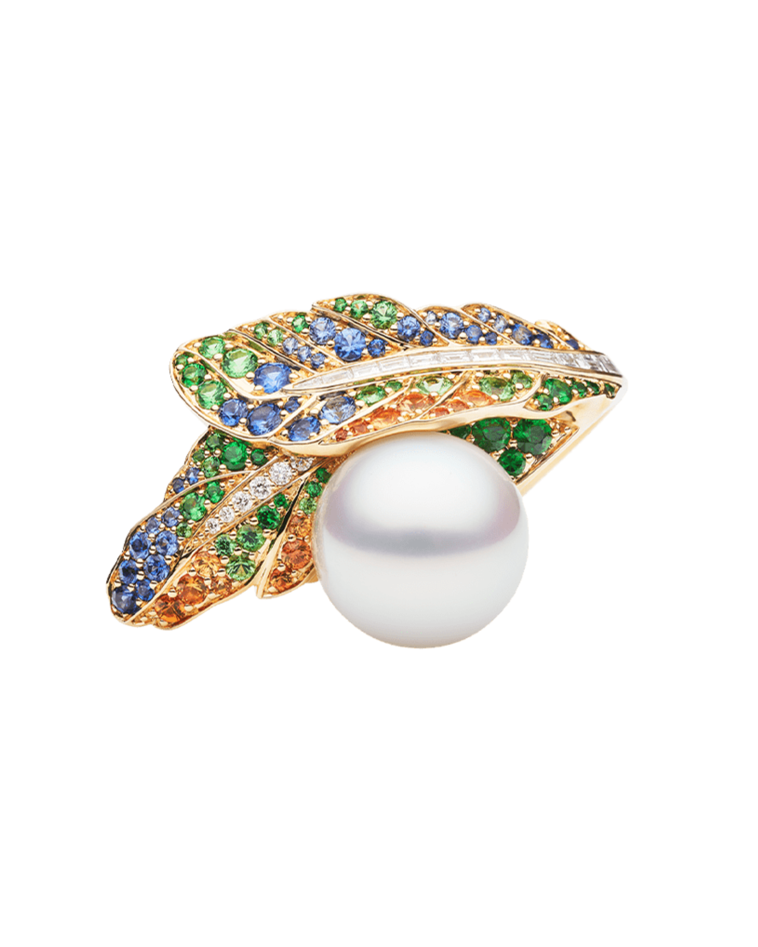 Rain Bird Feather Pearl Ring | 15mm Round Pearl, Gemstones, and Yellow