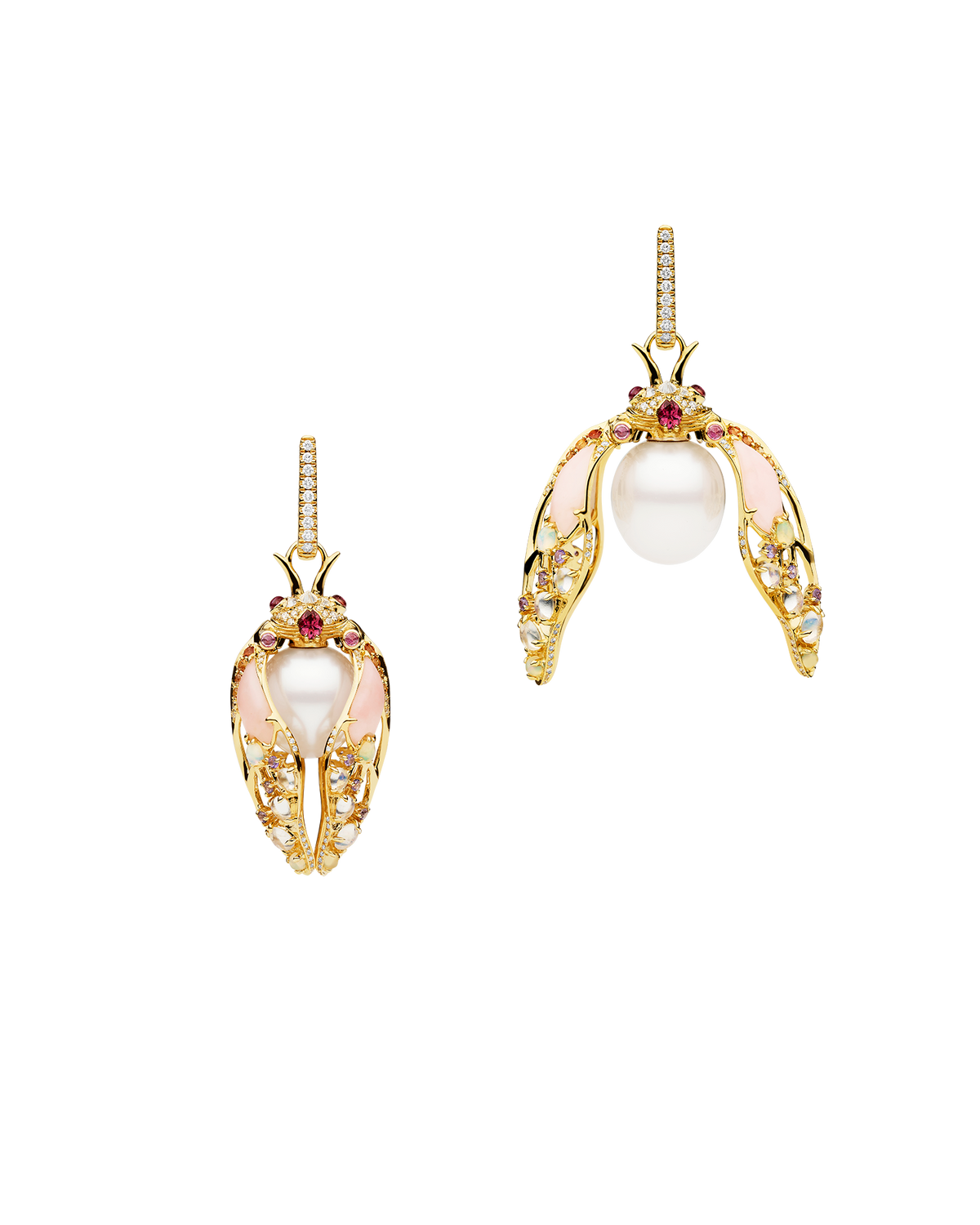 Blushing Cicada Pearl Earrings | 11mm Oval Pearls, Pink Opal, and Yell