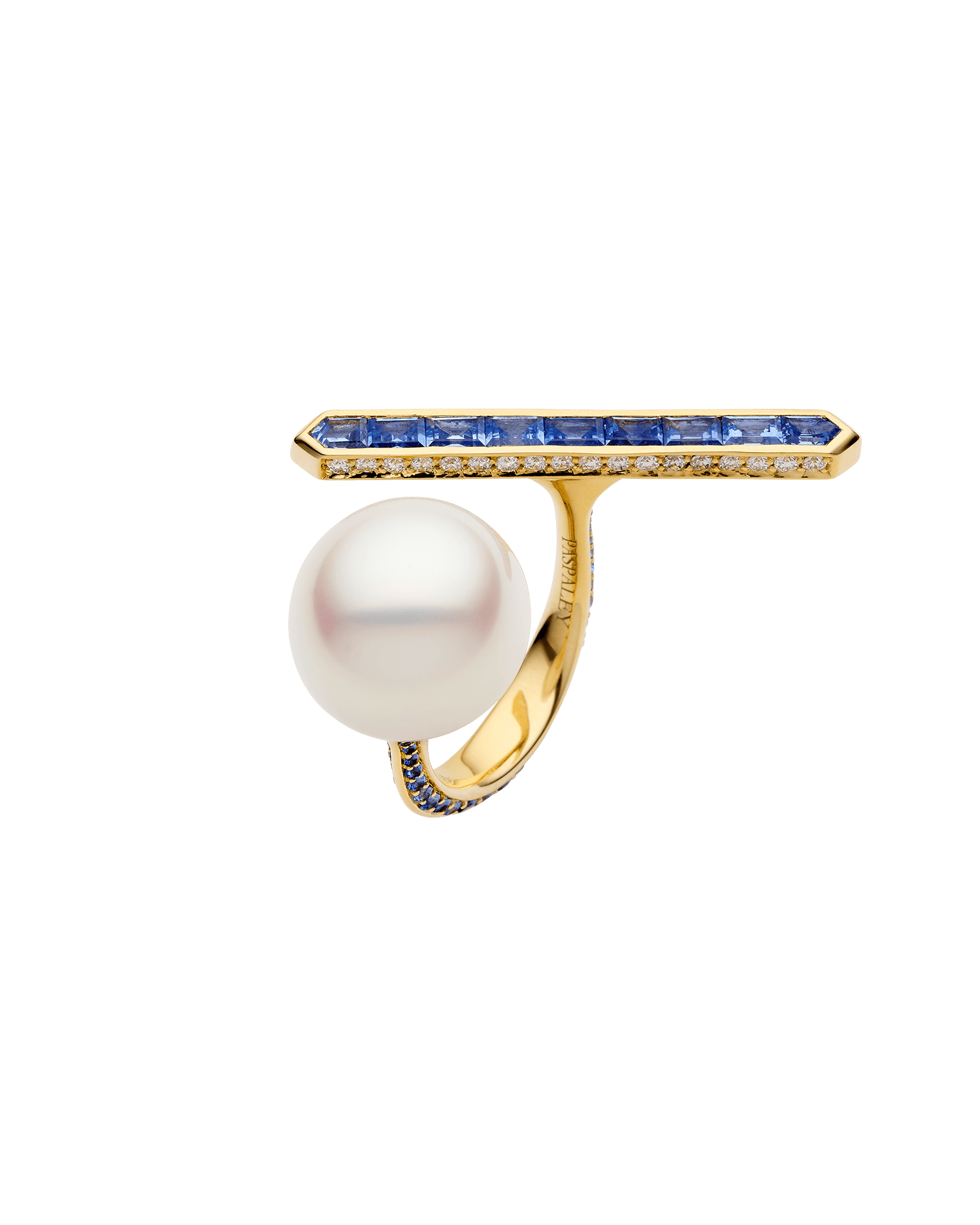 Blue Sapphire Bollard Split Pearl Ring | 14mm Semi Round Pearl, Blue S