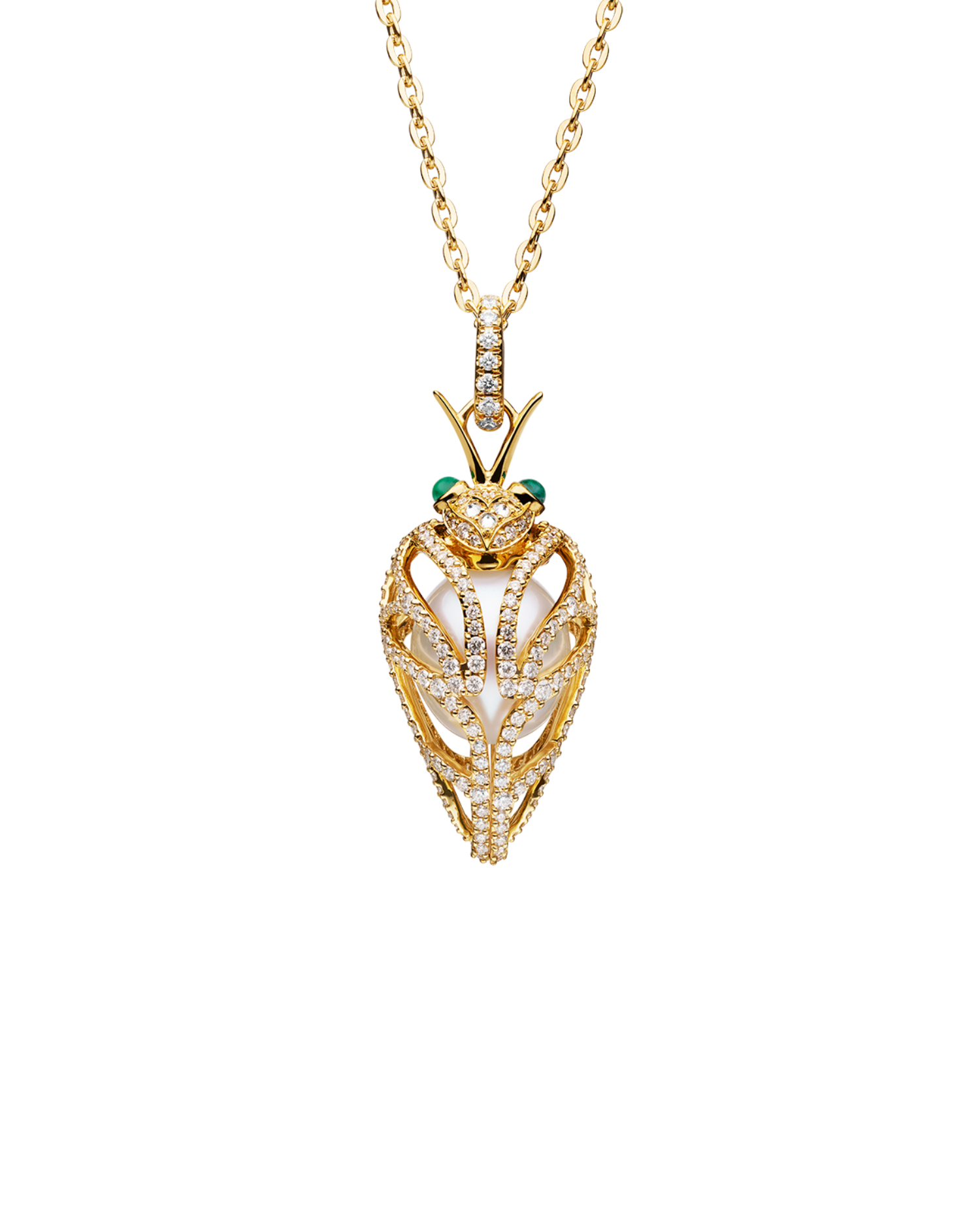 Diamond Cicada Pearl Pendant | 13mm Drop Pearl, Diamonds, and Yellow G