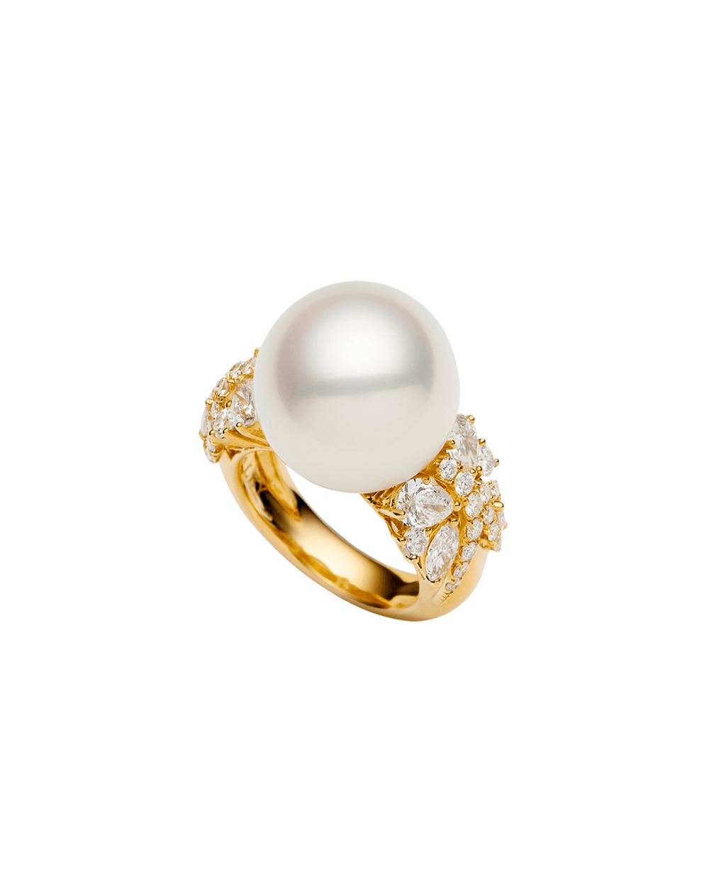 Diamond Dragonfly Pearl Ring | 15mm Round Pearl, Diamonds, and Yellow