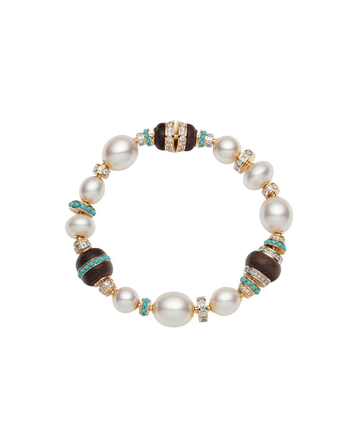 Lugger Wood Pearl Bracelet | 8-11mm Pearls, Turquoise, and Yellow Gold