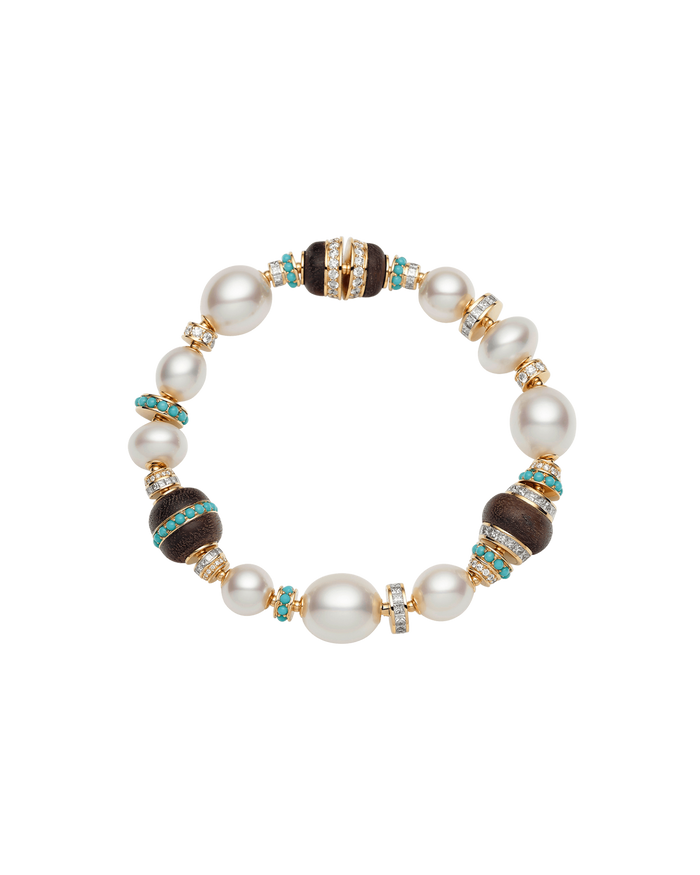 Lugger Wood Pearl Bracelet | 8-11mm Pearls, Turquoise, and Yellow Gold