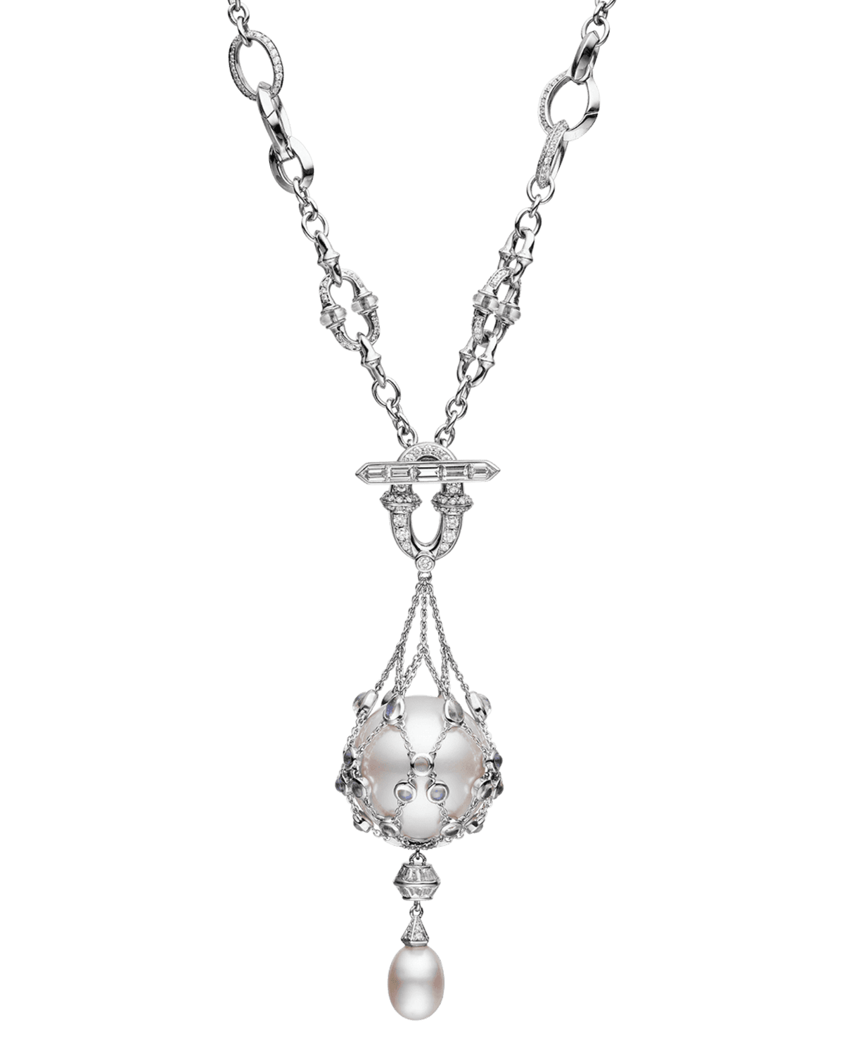 Moonstone Anchored Lavalier Pearl Necklace | 18mm Round Pearl, Moonsto