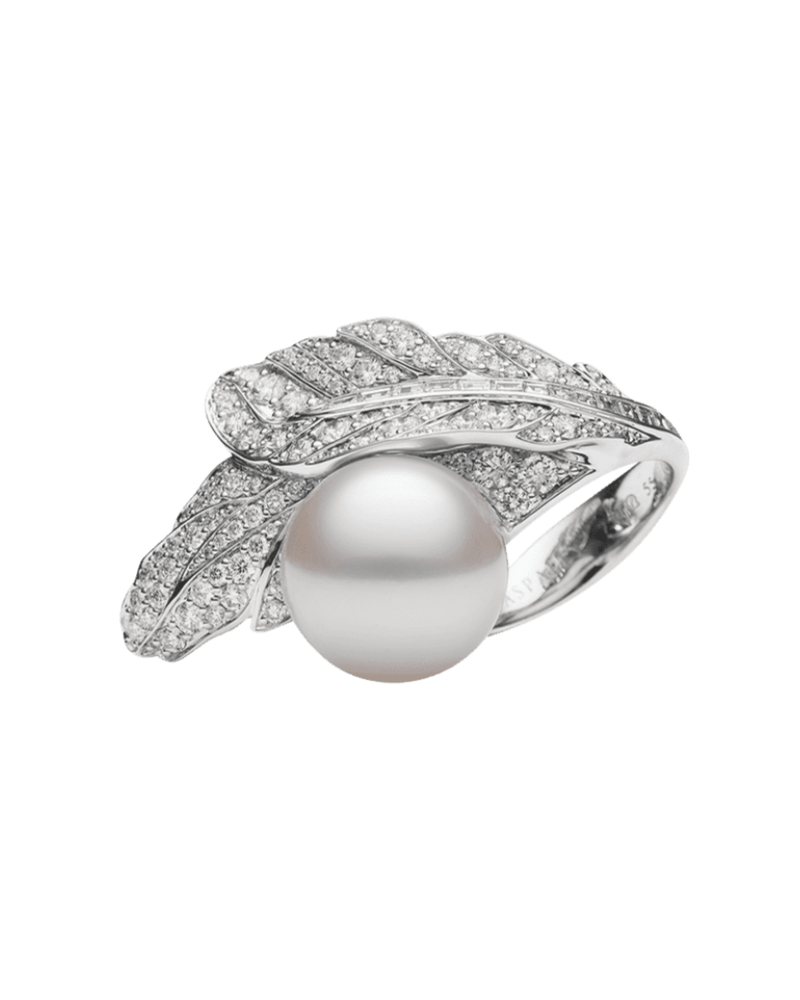 Night Bird Feather Pearl Ring | 15mm Round Pearl, Diamonds, and White