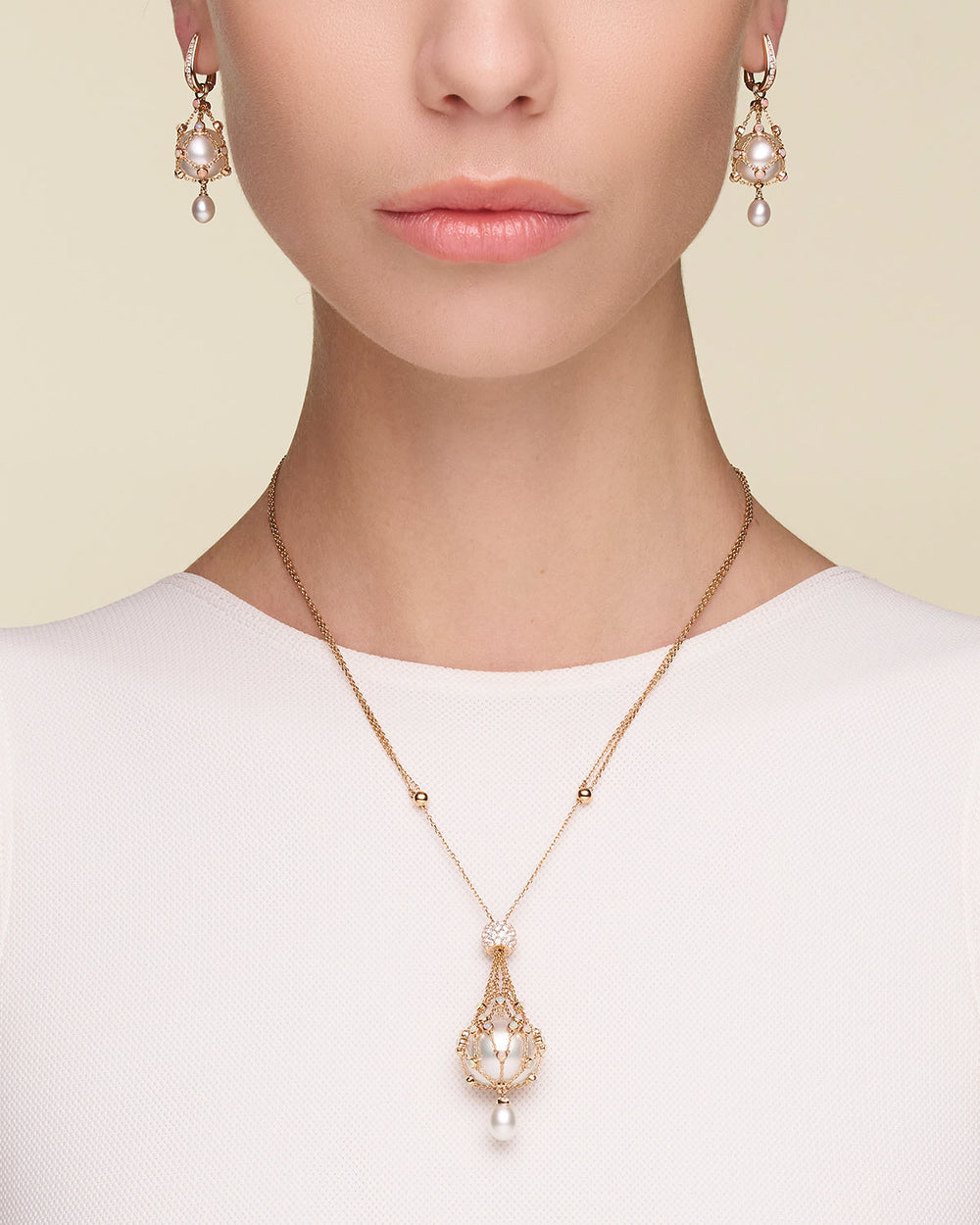 Opal Lavalier Pearl Earrings | 12mm Round Pearls, Opals, and Rose Gold