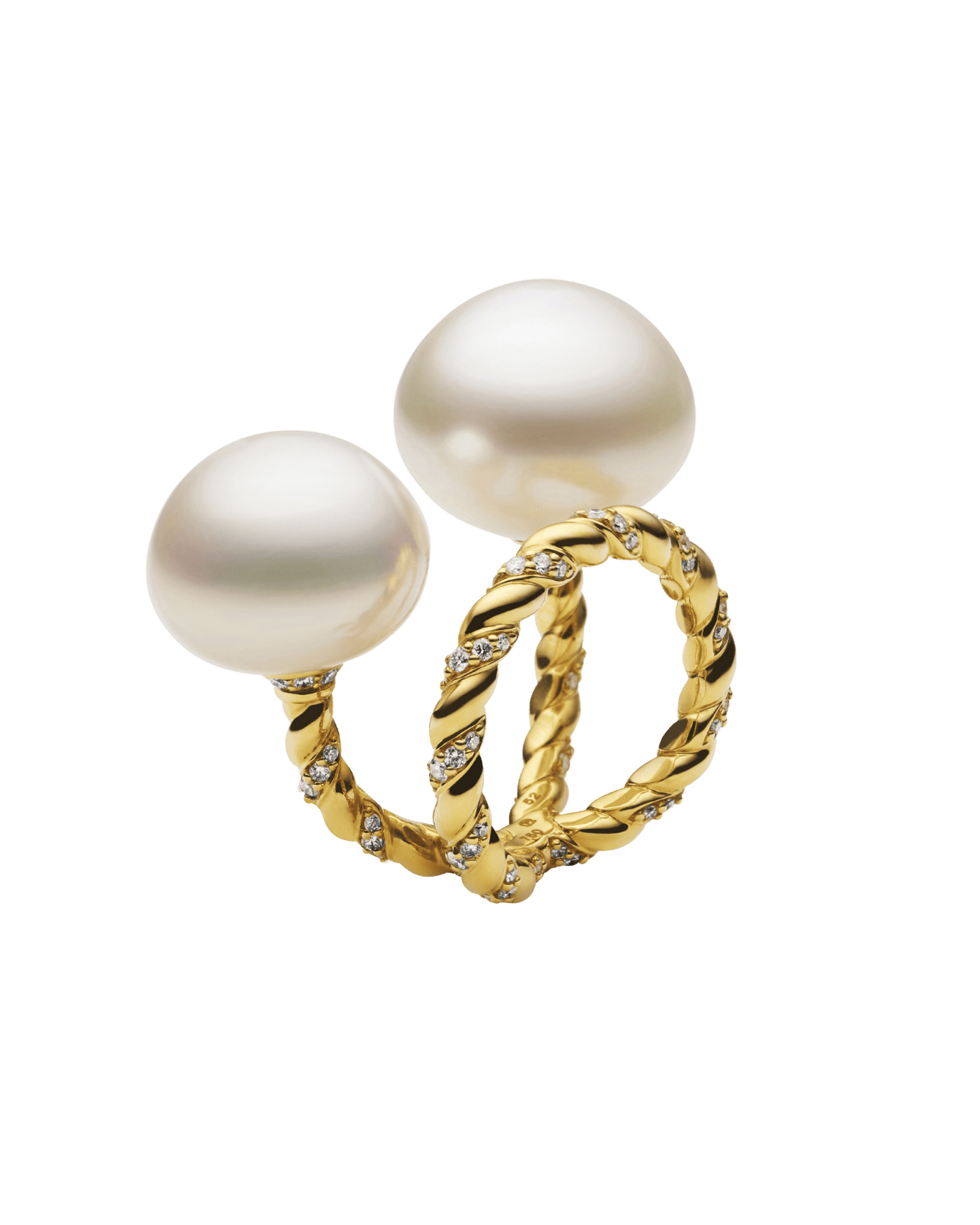 Diamond Entwined Rope Double Pearl Ring | 13-17mm Button Pearl, Diamon