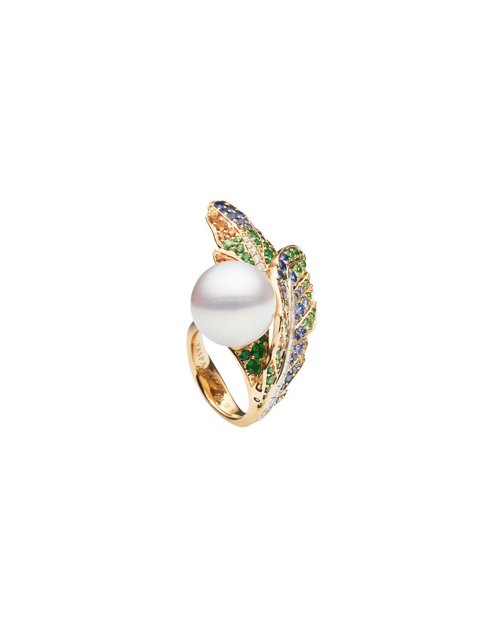 Rain Bird Feather Pearl Ring | 15mm Round Pearl, Gemstones, and Yellow