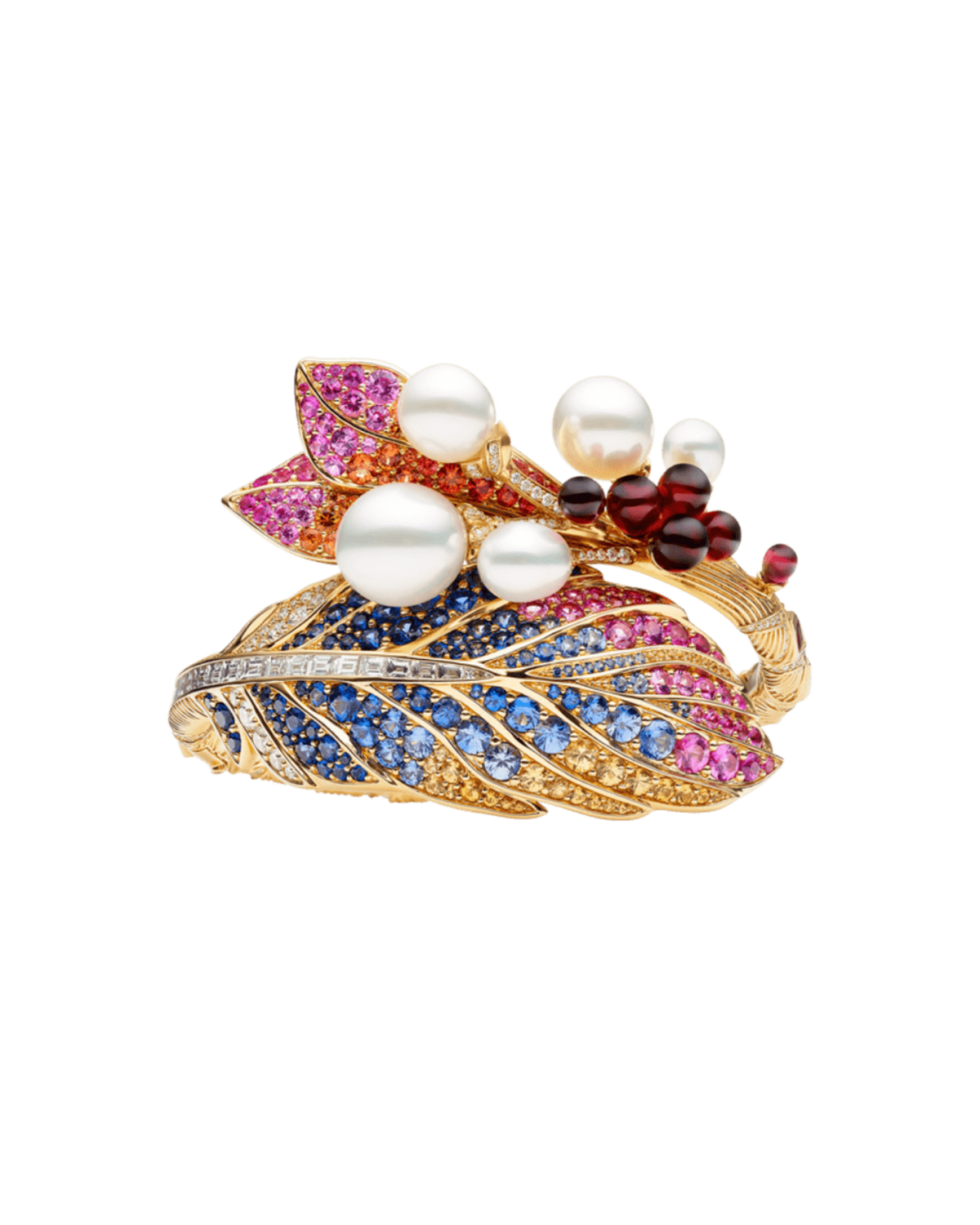 Song Bird Single Feather Cuff | Drop Pearls, Gemstones, and Yellow Gol