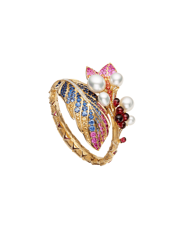 Song Bird Single Feather Cuff | Drop Pearls, Gemstones, and Yellow Gol