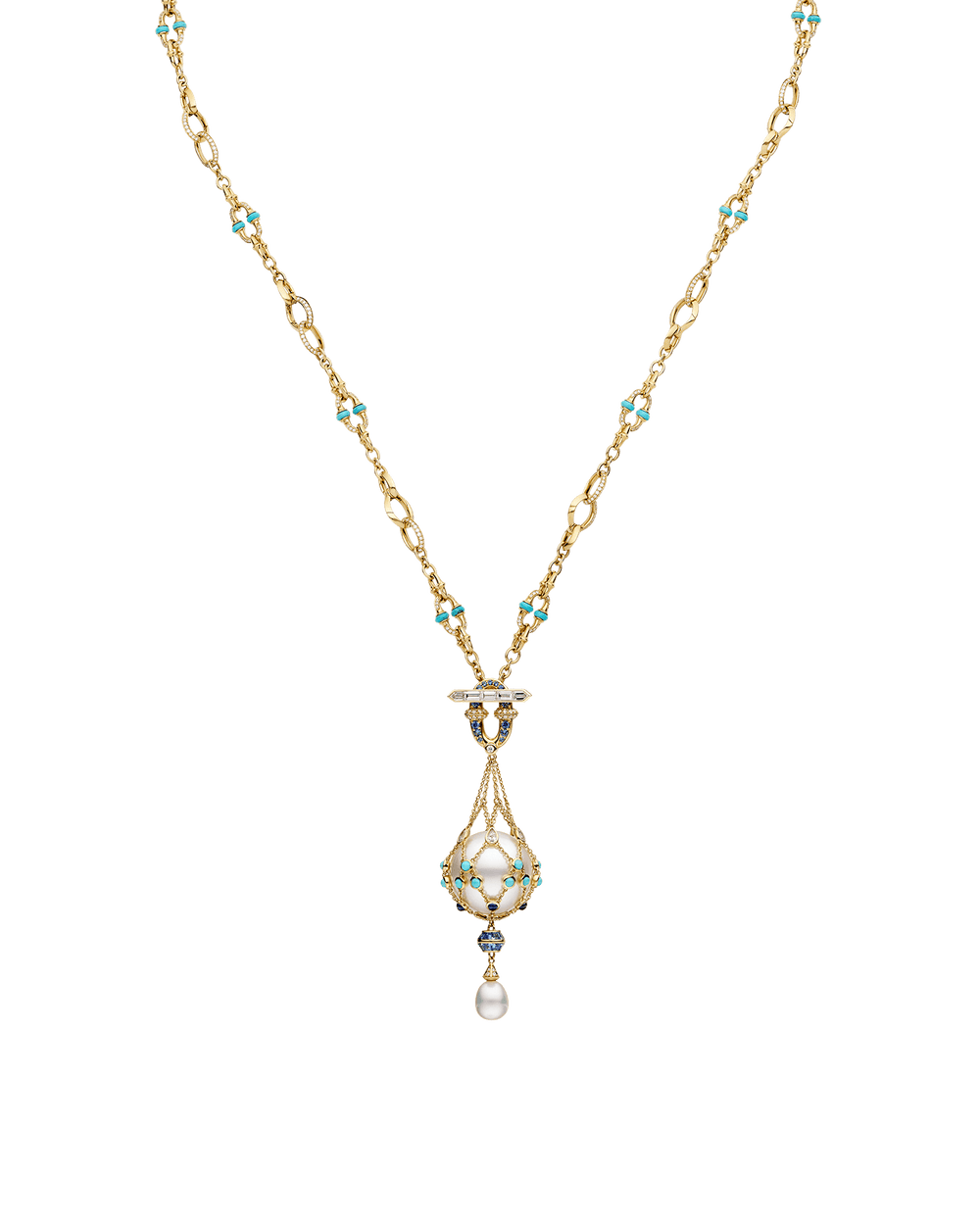 Turquoise Anchored Lavalier Pearl Necklace | 18mm Round Pearl, Blue Sa