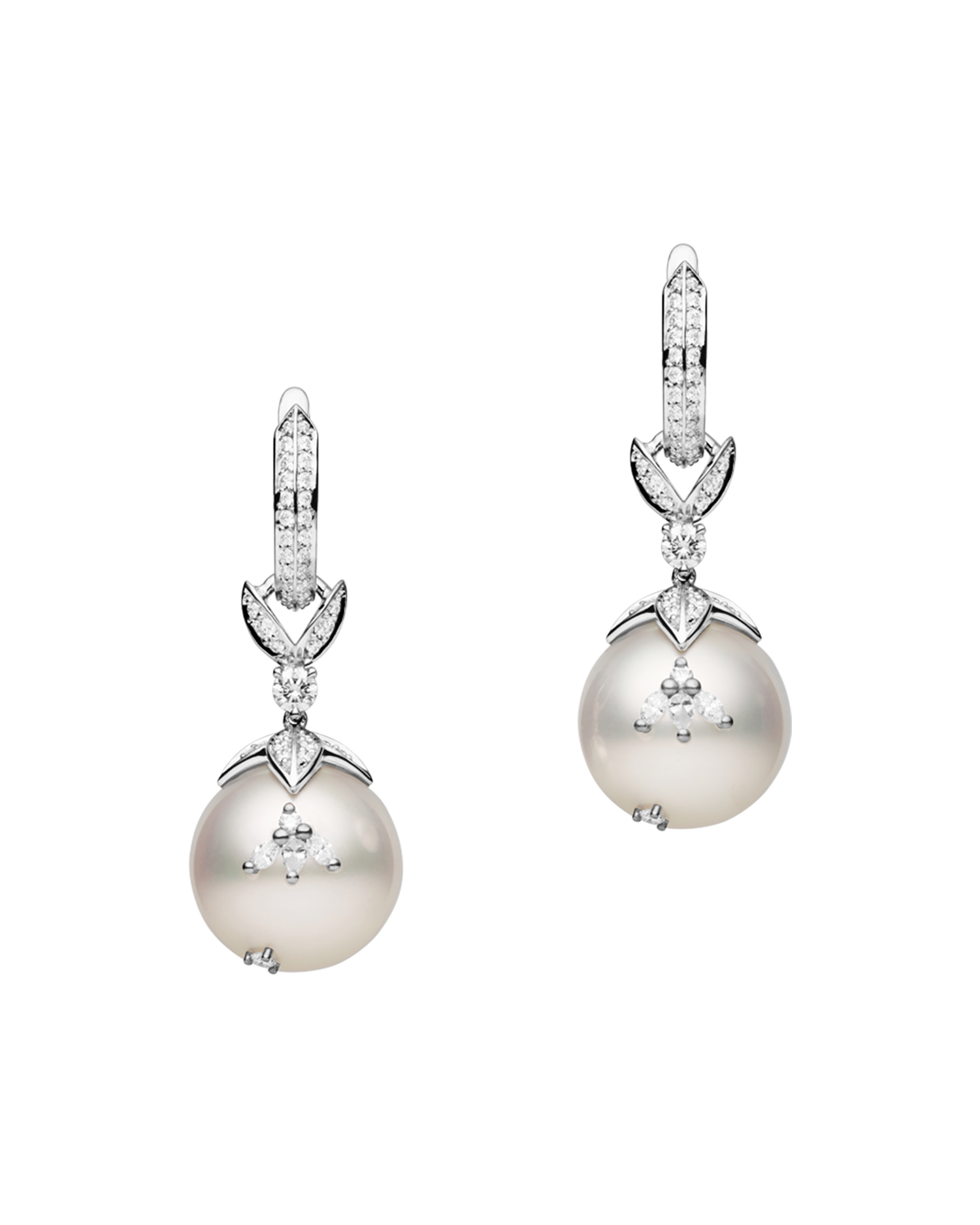 Full Moon Pearl Earrings | 14mm Round Pearls, Diamonds, and White Gold